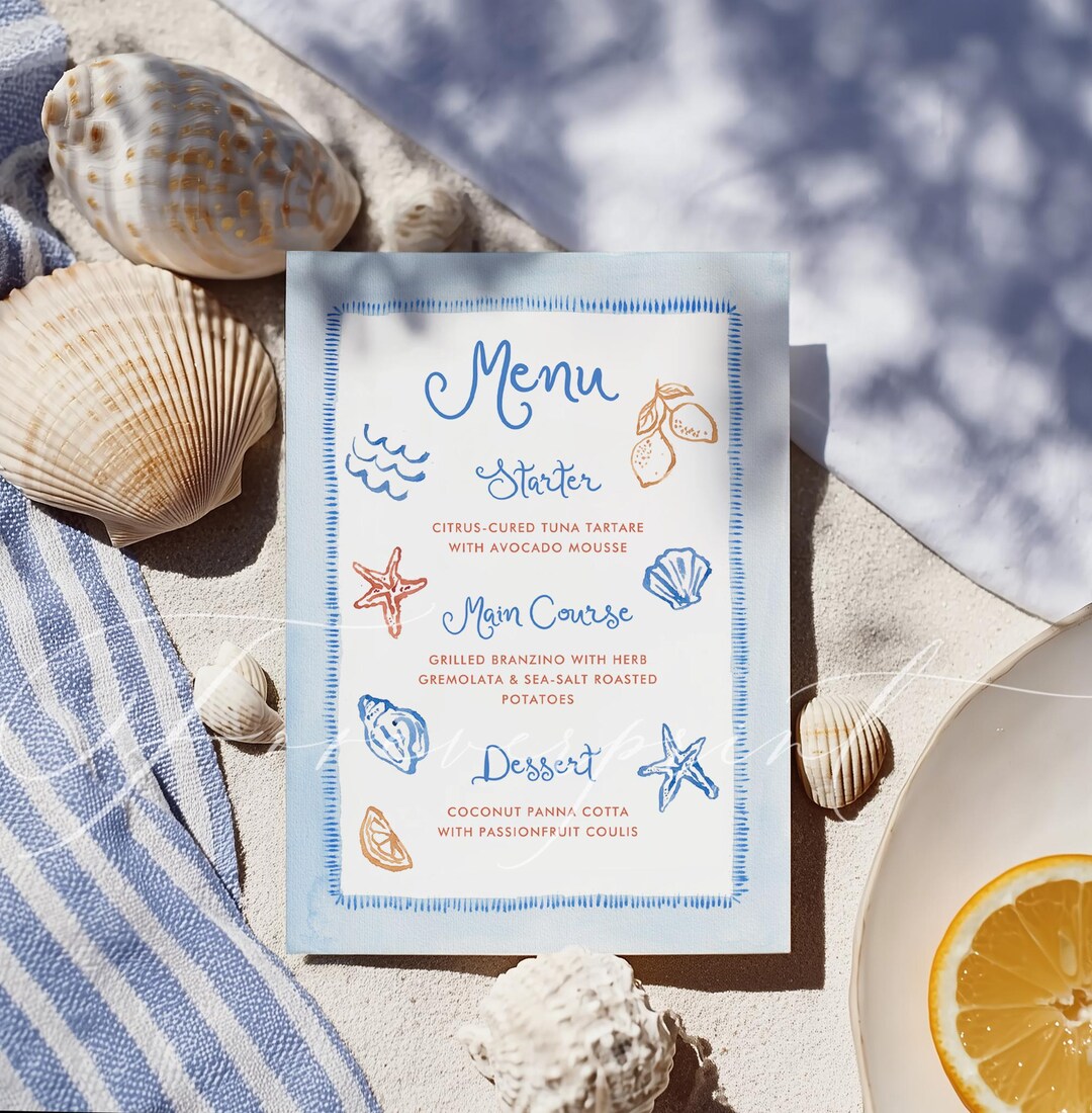 Blue Coastal Watercolor Menu Template, Editable Beach Wedding Menu ...