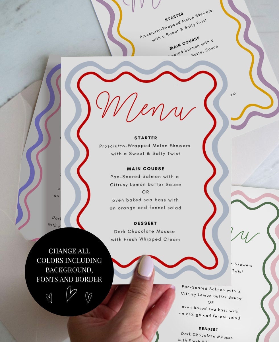 Wavy Menu and Place Card Template Hand Drawn Wedding/bridal - Etsy ...