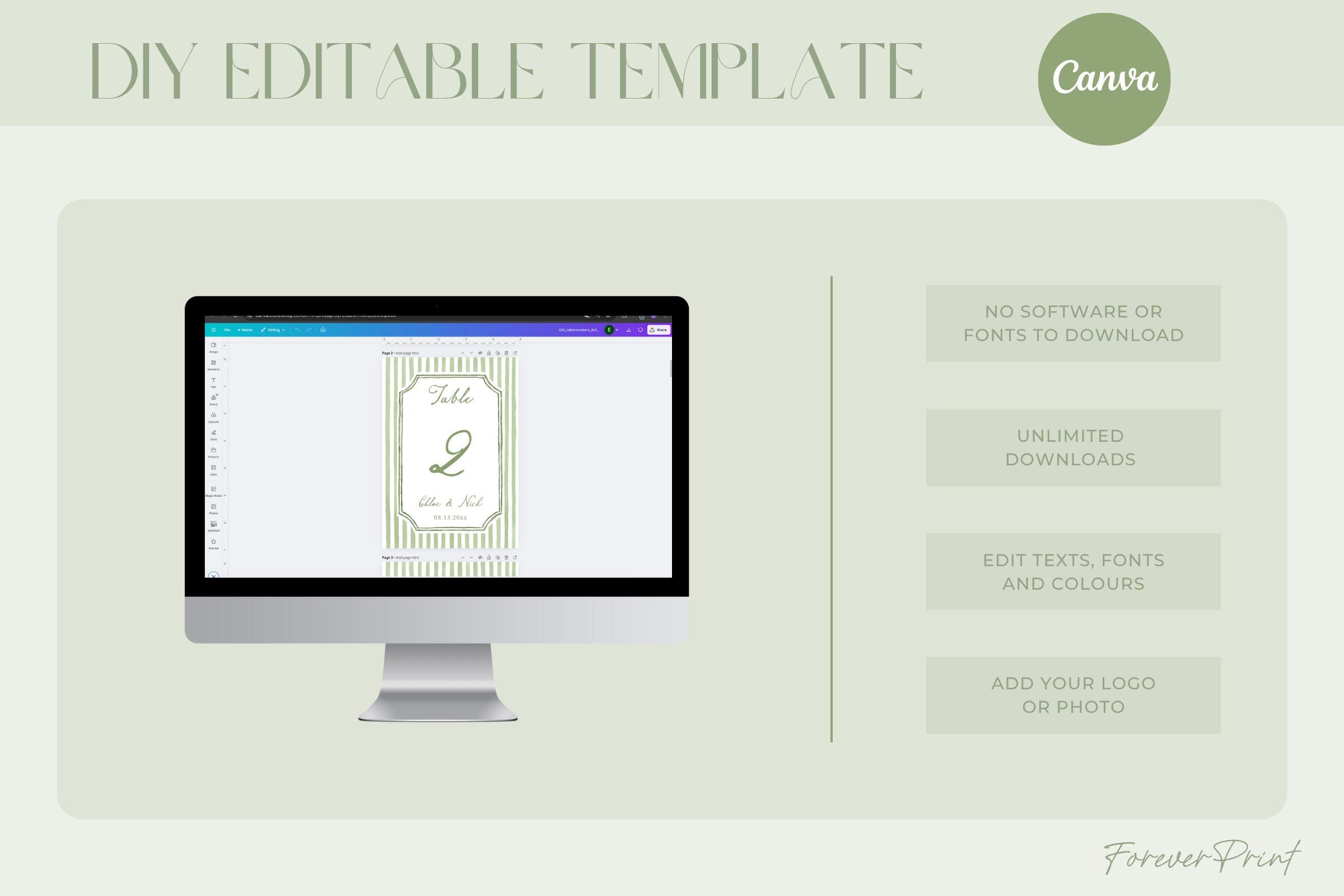 Green Striped Table Number Template, Watercolor, Printable Table Sign ...