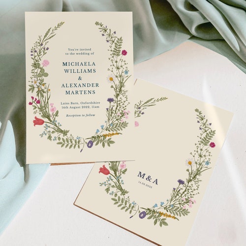 Wildflower Wedding Invitation Card Template Summer Spring - Etsy