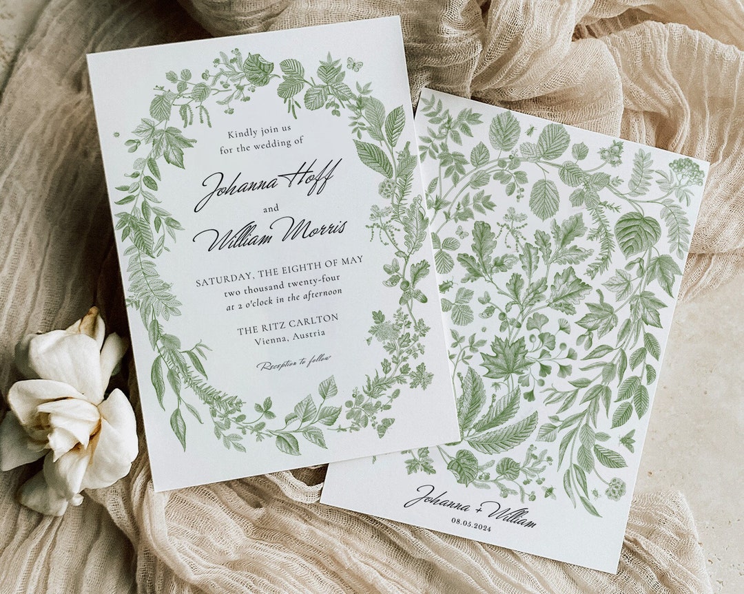 Green Leaves Wedding Invitation Template, Printable Wedding Invitation Green Wildflowers Wreath ...