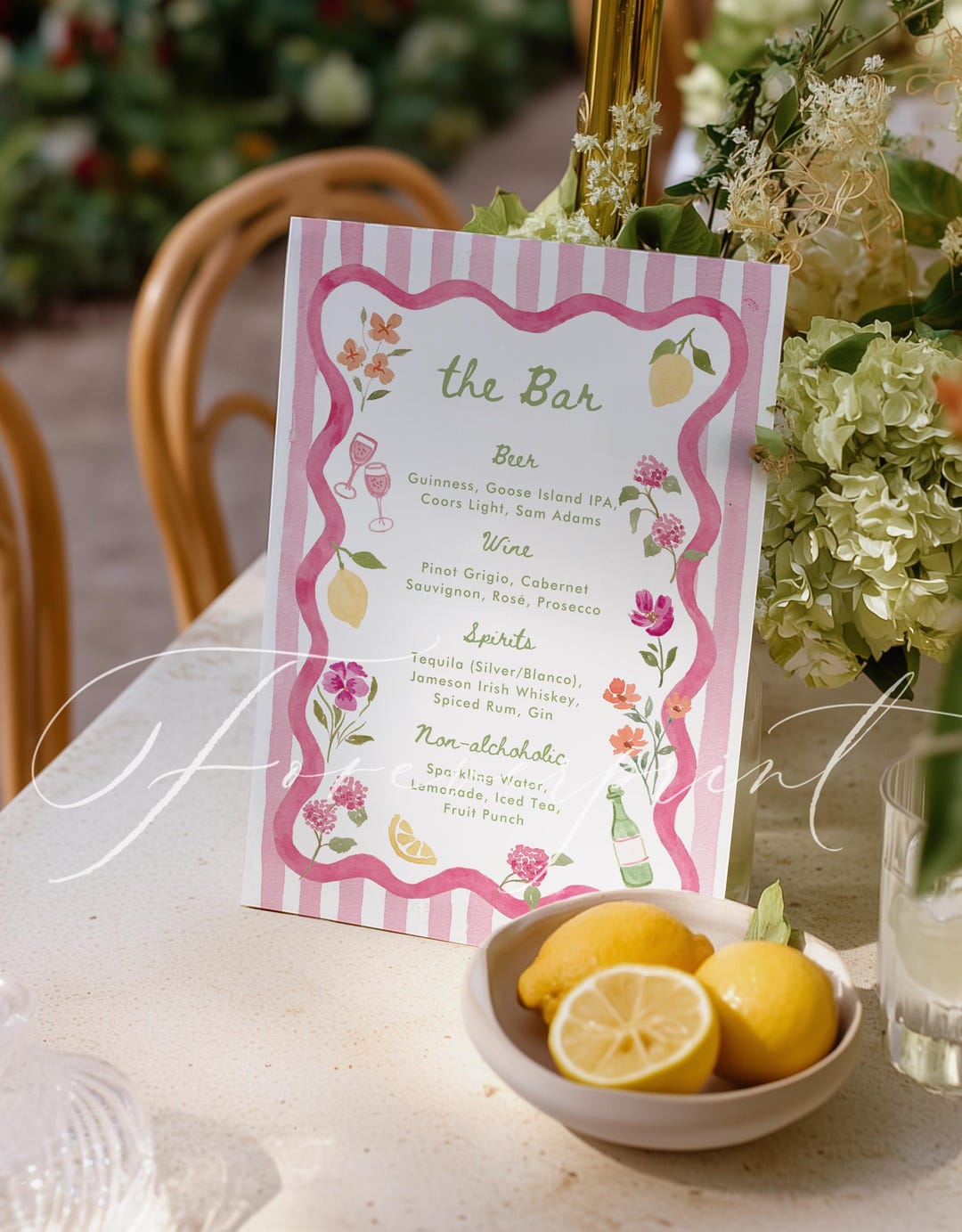 Pink Floral Bar Menu Template, Hand Drawn Watercolor, Printable Bar ...