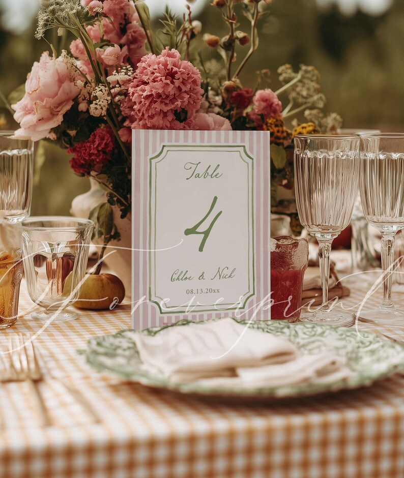 Pink Striped Table Number Template, Watercolor, Printable Table Sign ...