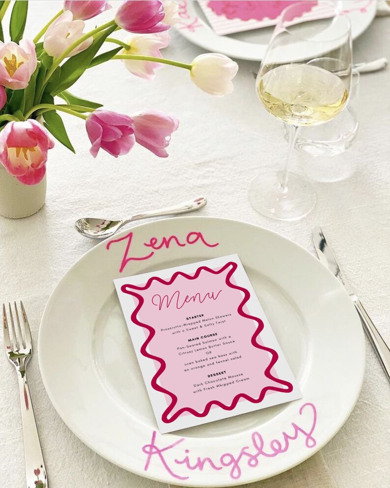 Pink Wavey Menu & Placecard Template, Instant Download Editable Menu ...
