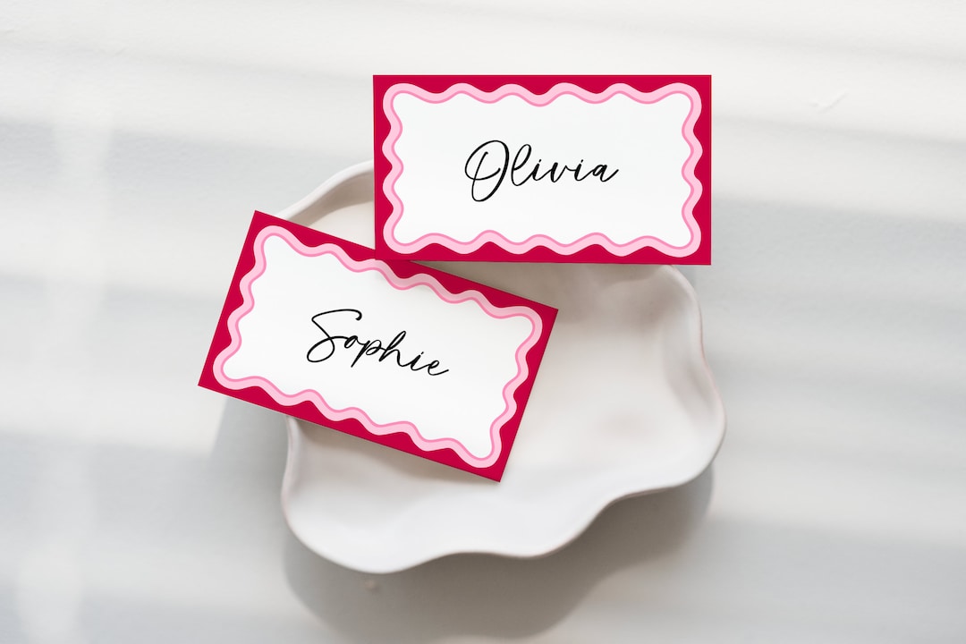 Curvy Place Cards, Colorful Name Cards, Wavy Border, Red and Pink ...