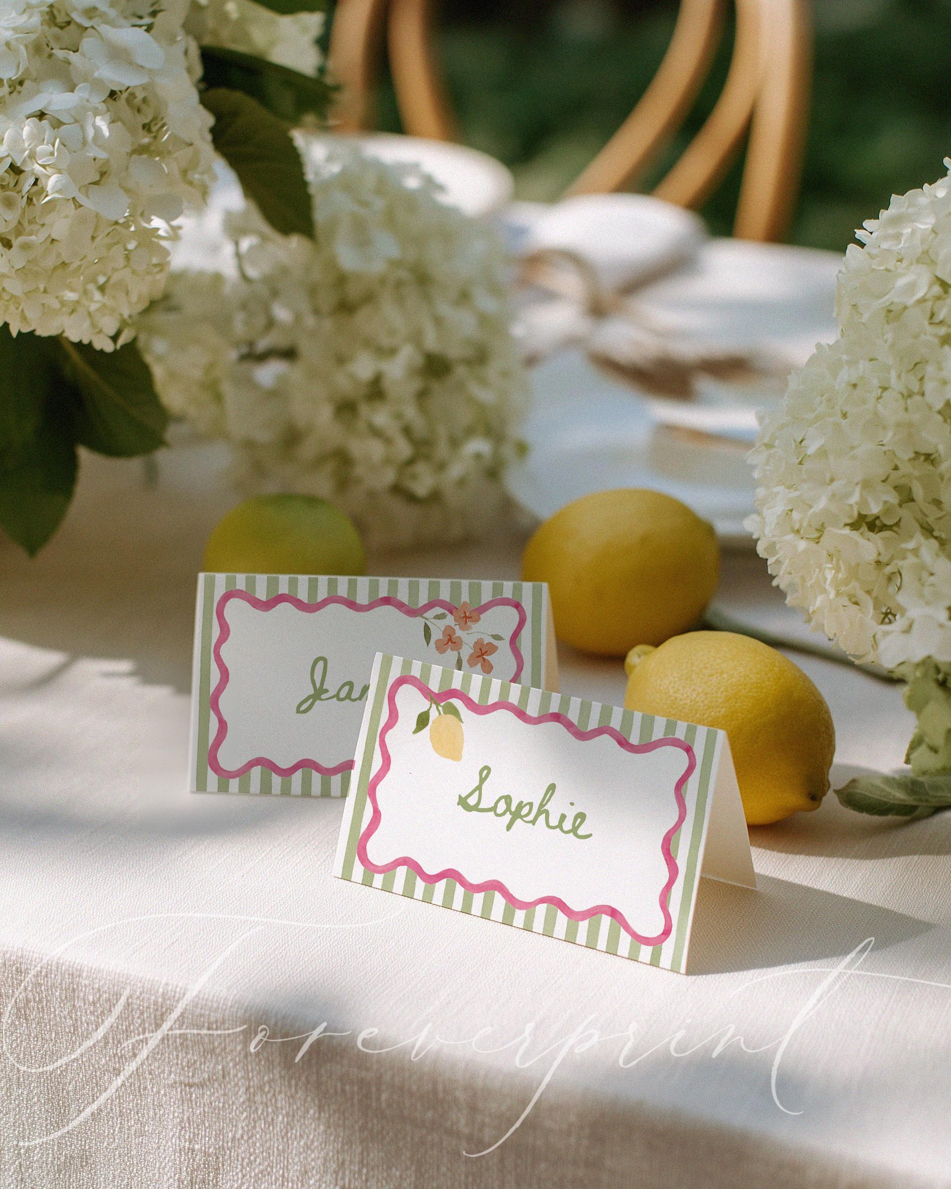 Editable Place Card Template, Watercolor Floral Name Card, Green Stripe ...