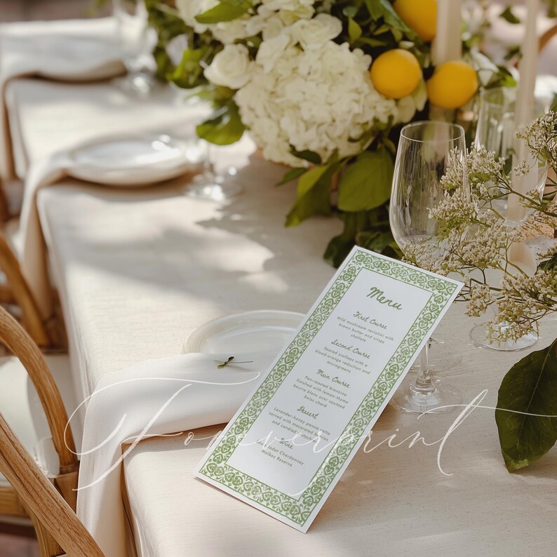 Green Watercolor Ornate Border Menu Template, Rustic Whimsical Wedding ...
