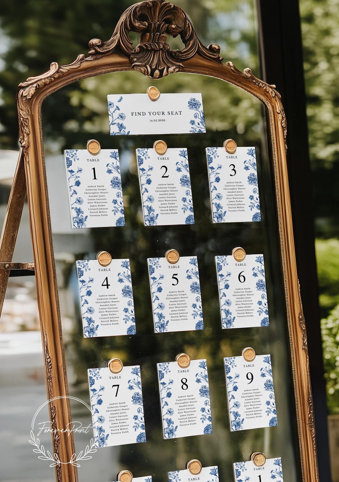 Blue Floral Wedding Seating Chart Cards, Blue Botanical Seating Cards ...