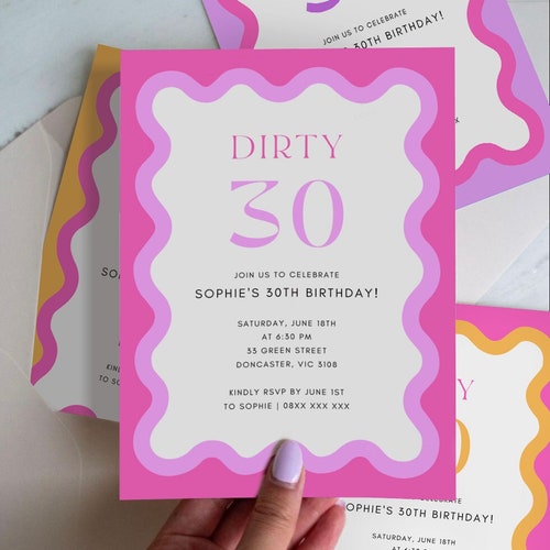 PINK Birthday Invite Pink and Purple Wavy Hand Drawn - Etsy