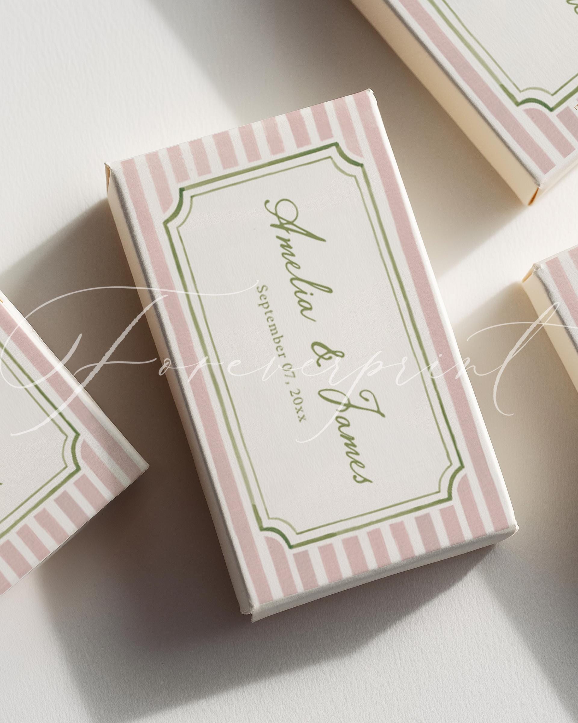 Editable Matchbox Label Template, Blush Pink Stripes, Green Frame ...