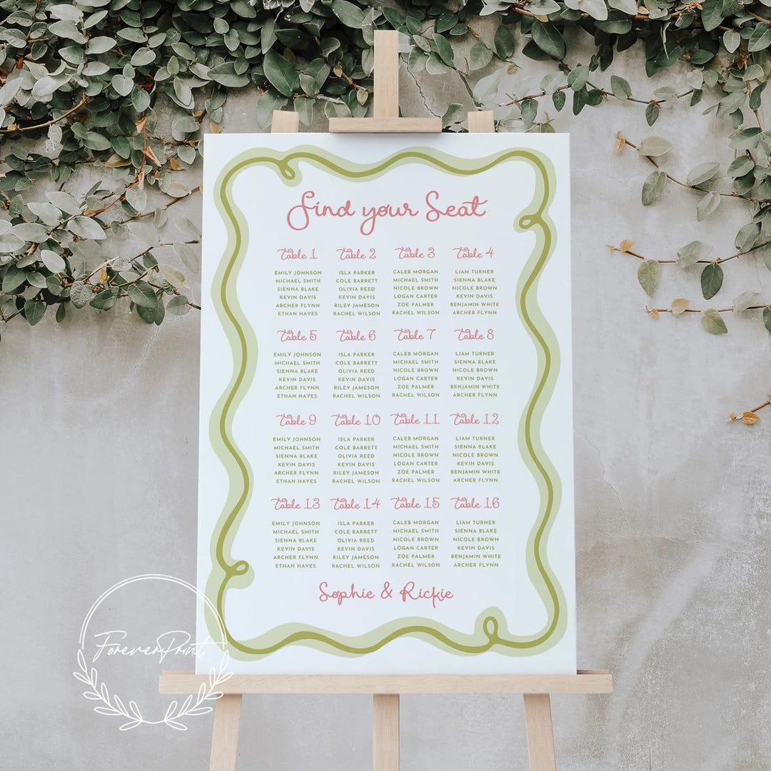 Squiggle Border Seating Chart Template, Whimsical Wedding Sign ...