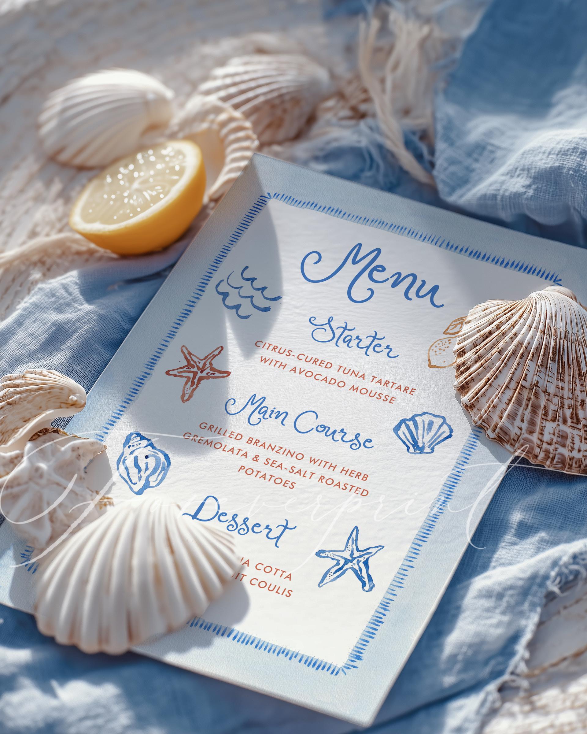 Blue Coastal Watercolor Menu Template, Editable Beach Wedding Menu ...