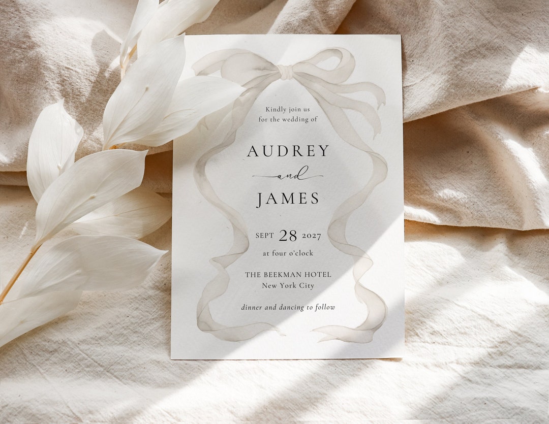Beige Bow Wedding Invitation, Curvy Invitation, Editable Template ...