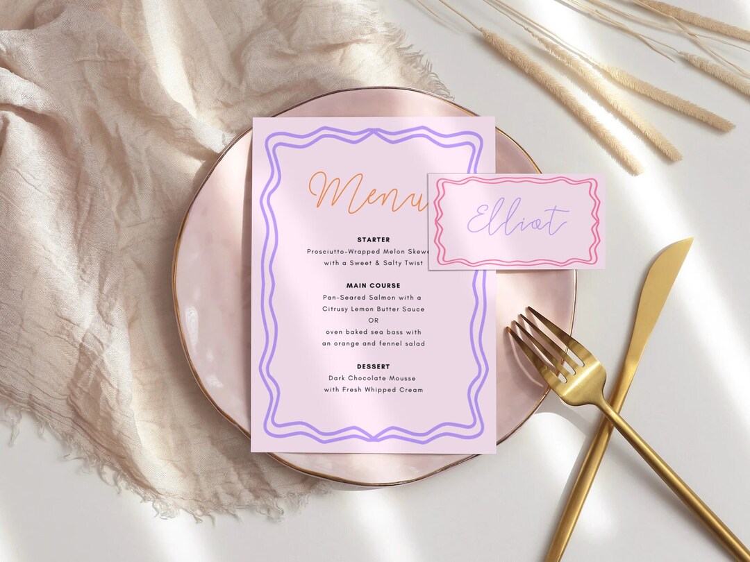 Pink Wavey Menu & Placecard Template, Instant Download Editable Menu ...
