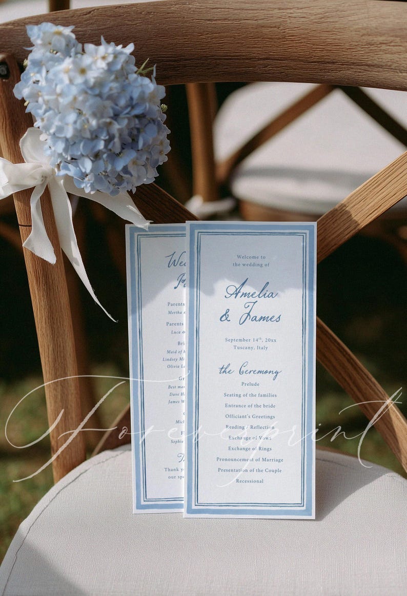 Editable Wedding Program Template, Blue Watercolor Ceremony & Wedding ...