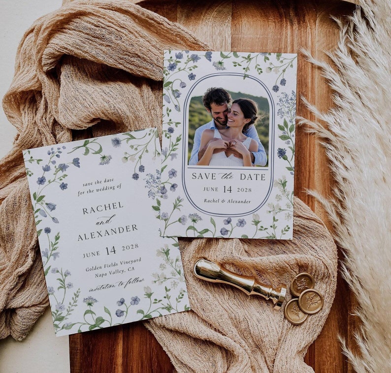 Floral Save the Date Template | Printable Save the Date Card | Blue ...