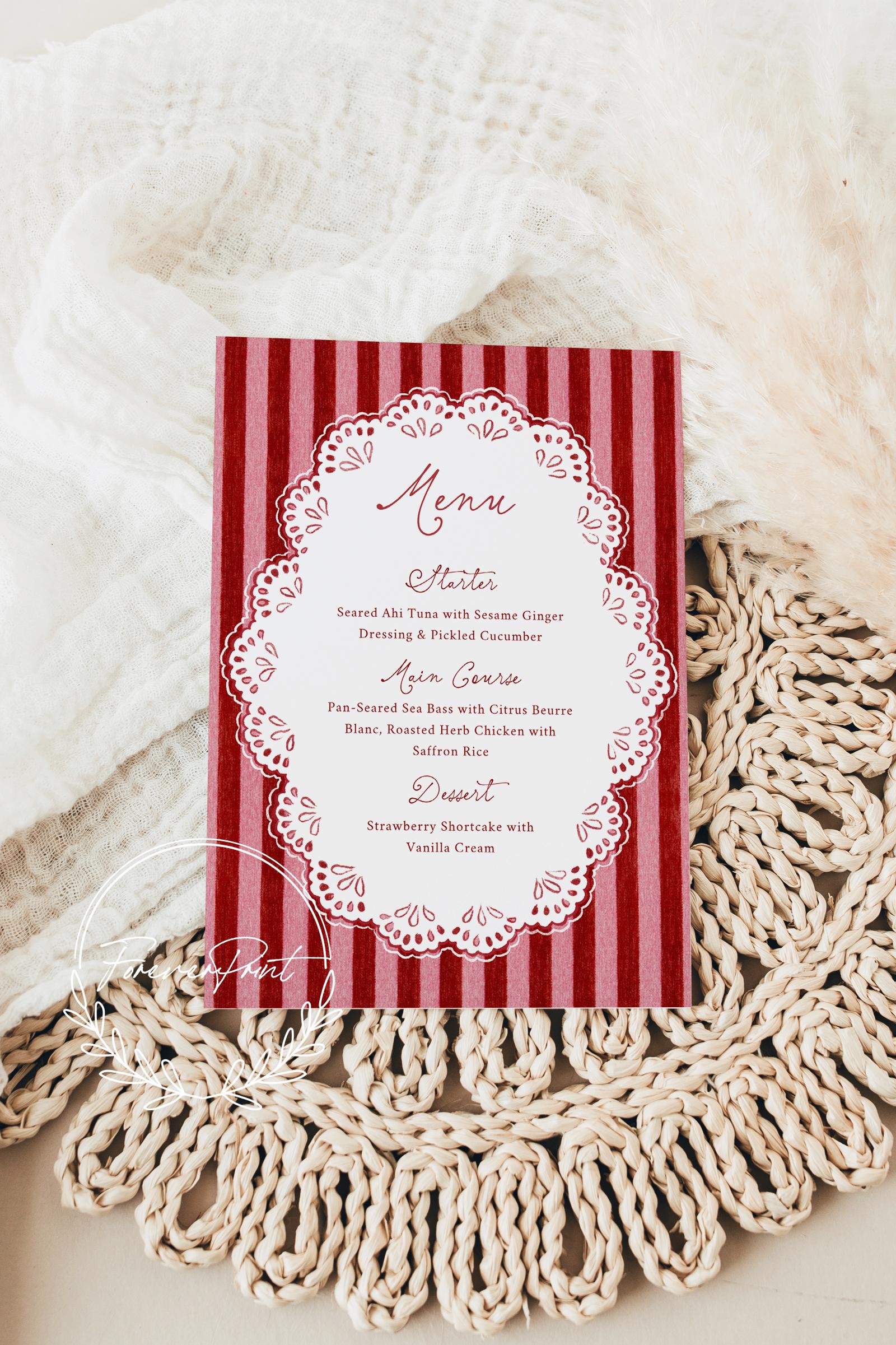 Editable Red Striped Menu Template | Lace Dinner Menu | Elegant Wedding ...