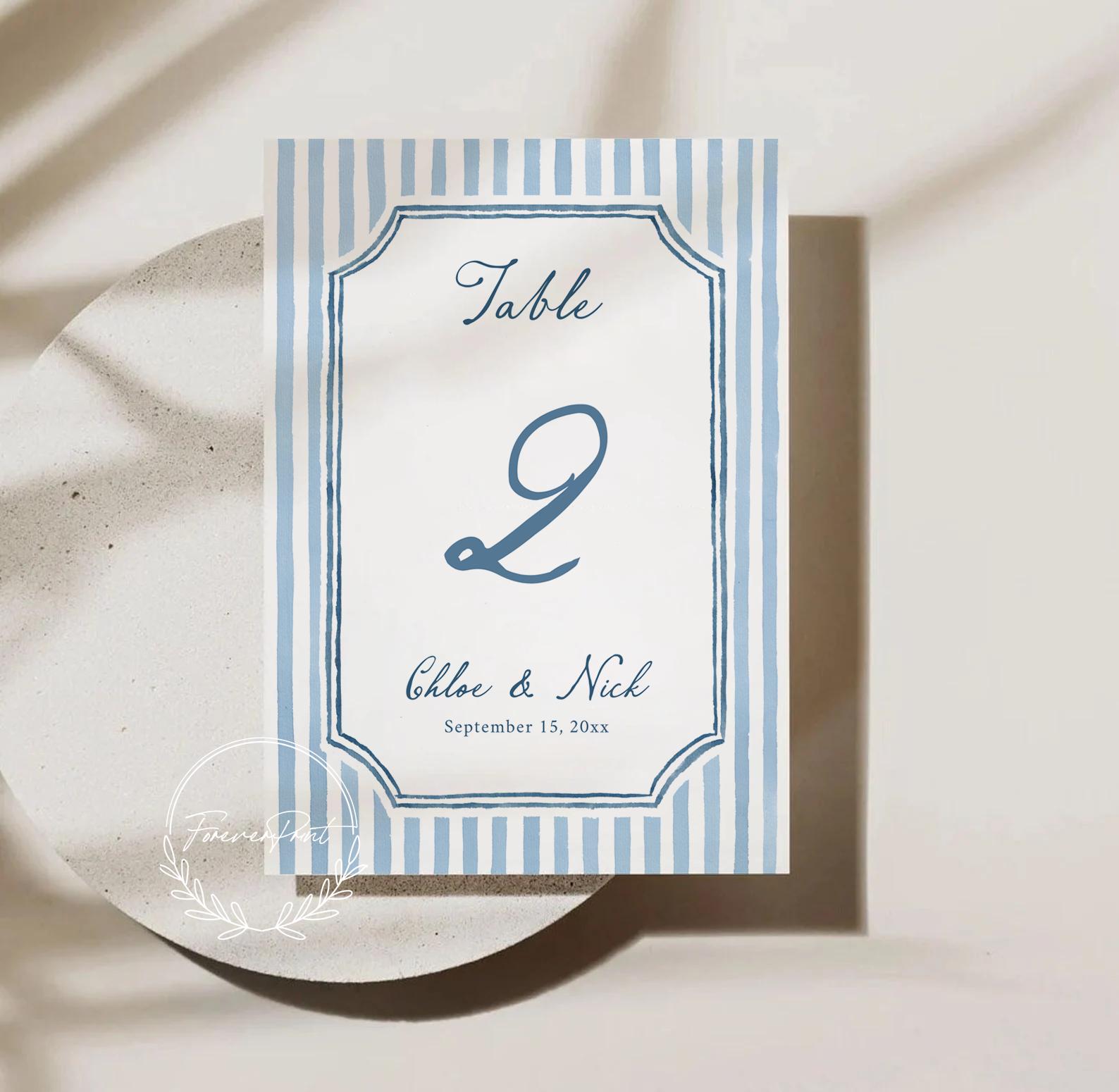 Blue Striped Wedding Table Number Template, Elegant Watercolor Table ...