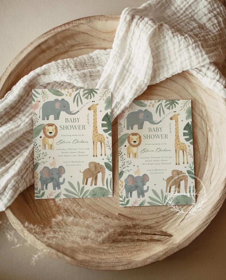Safari Baby Shower Invitation Template, Jungle Animals Editable ...