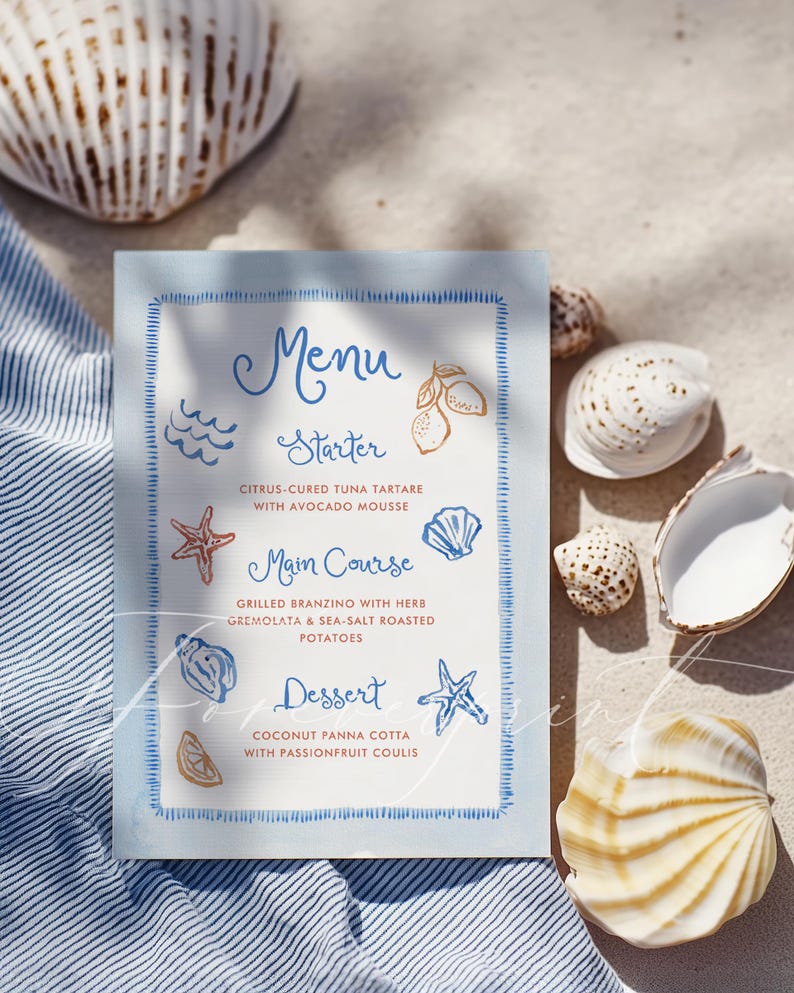 Blue Coastal Watercolor Menu Template, Editable Beach Wedding Menu ...