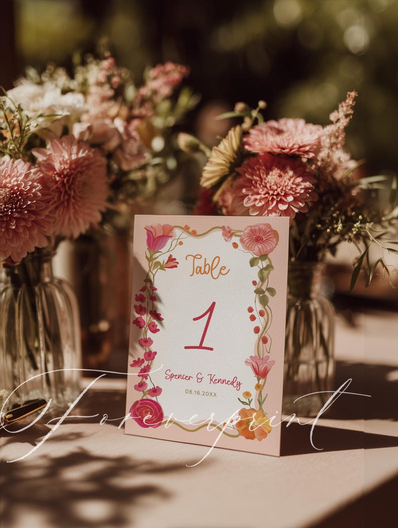 Pink Floral Table Number Template, Hand Drawn Watercolor, Printable ...