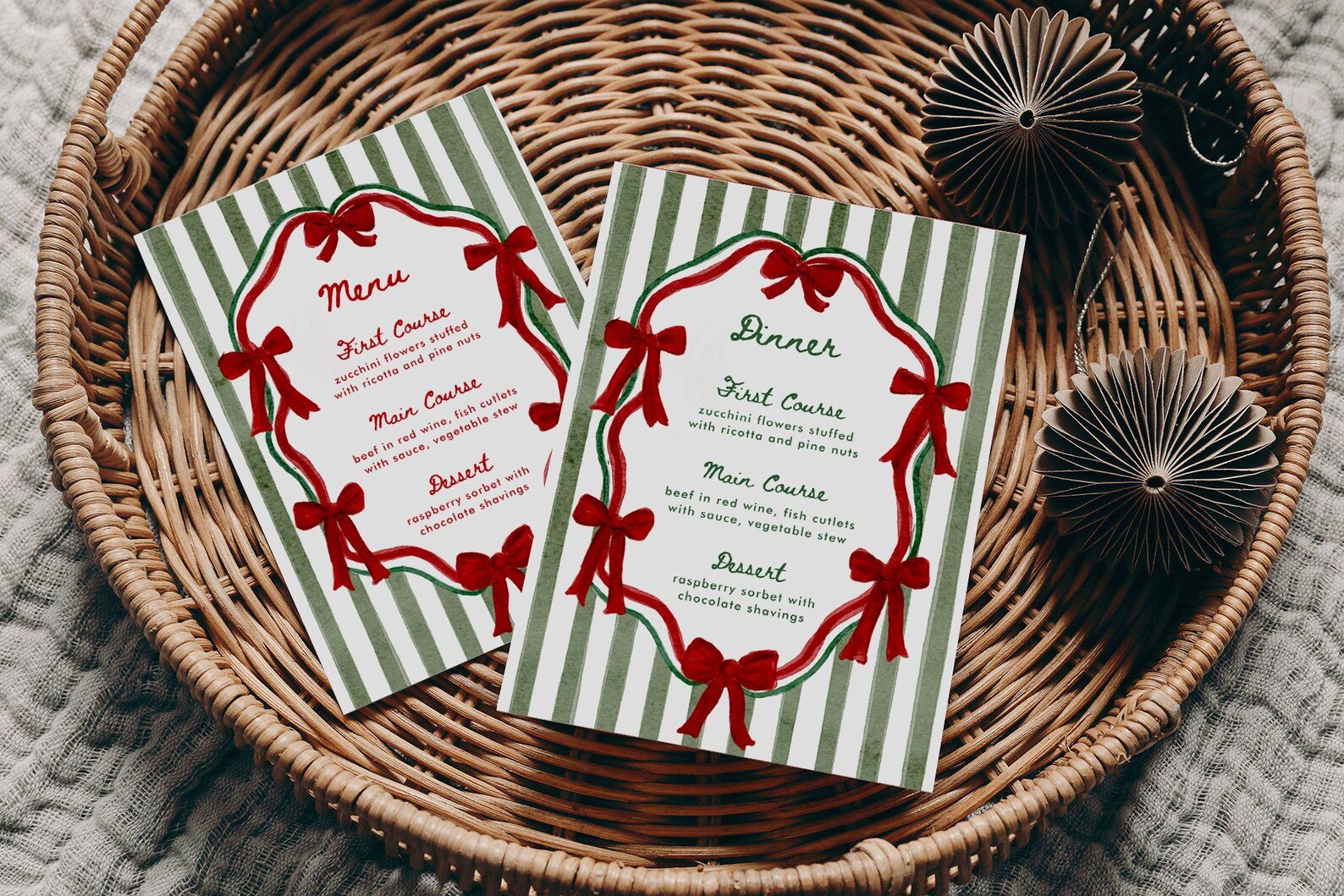 Editable Christmas Dinner Menu Template – Festive Holiday Party Menu With Watercolor Red Bows ...