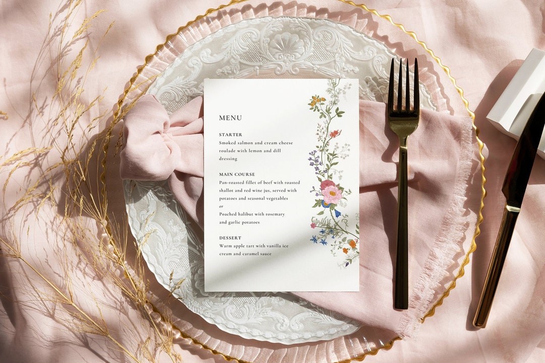 Wildflower Menu Template, Garden Party Bridal Shower Menu, Boho Flowers ...