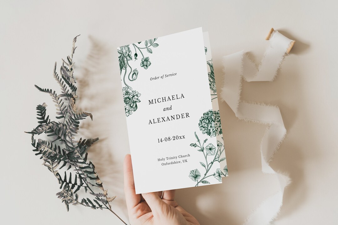 Green Floral Wedding Booklet, Printable Booklet, Folded Wedding Program ...