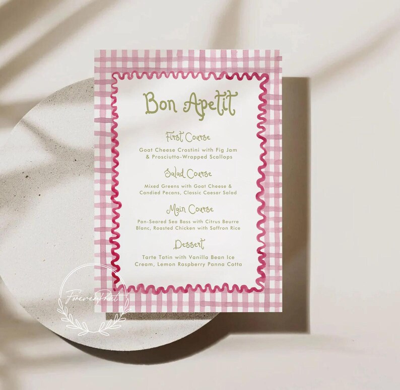 Watercolor Pink Gingham Menu Template, Rustic Boho Wedding or Bridal ...