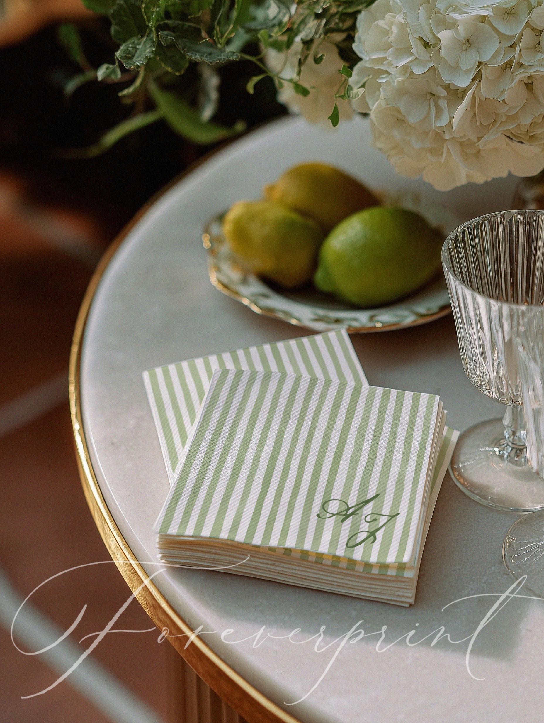 Green Striped Wedding Napkin Template, Editable Monogram, Printable ...