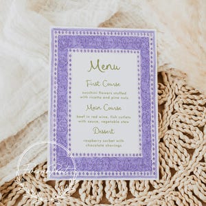 Purple Watercolor Floral Border Menu Template, Rustic Boho Wedding or ...