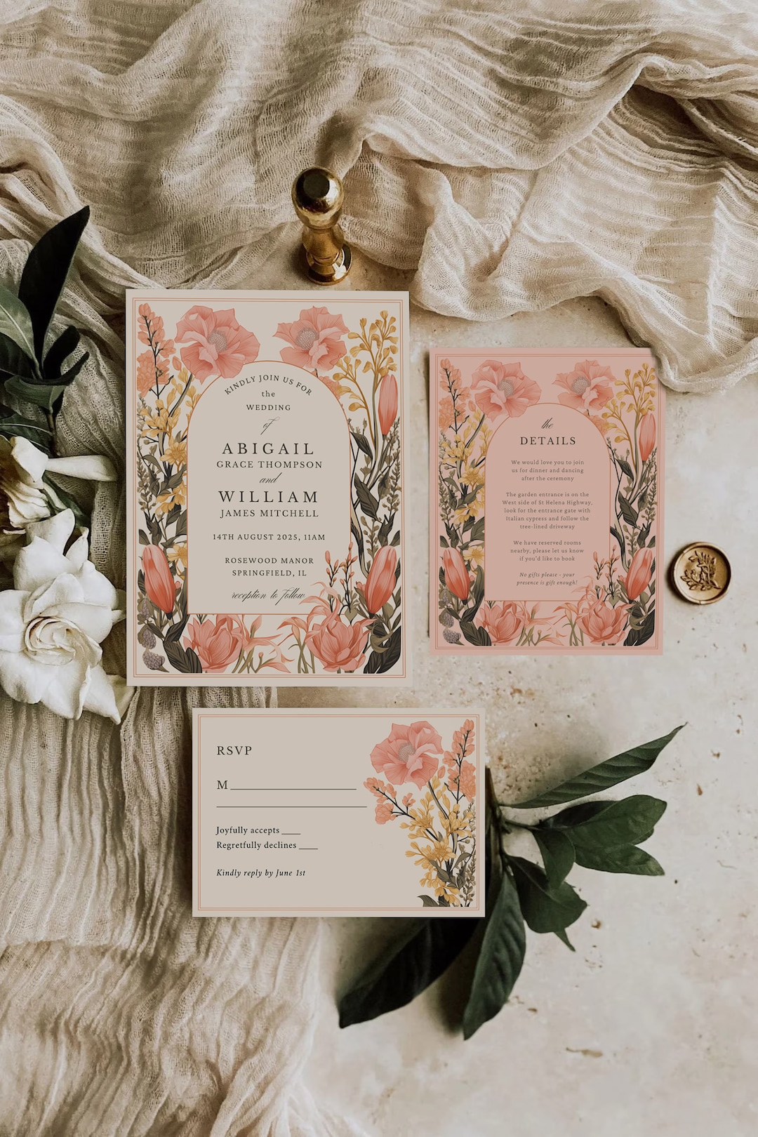 Peach Floral Wedding Invitation Template, Printable Wedding Invitation ...