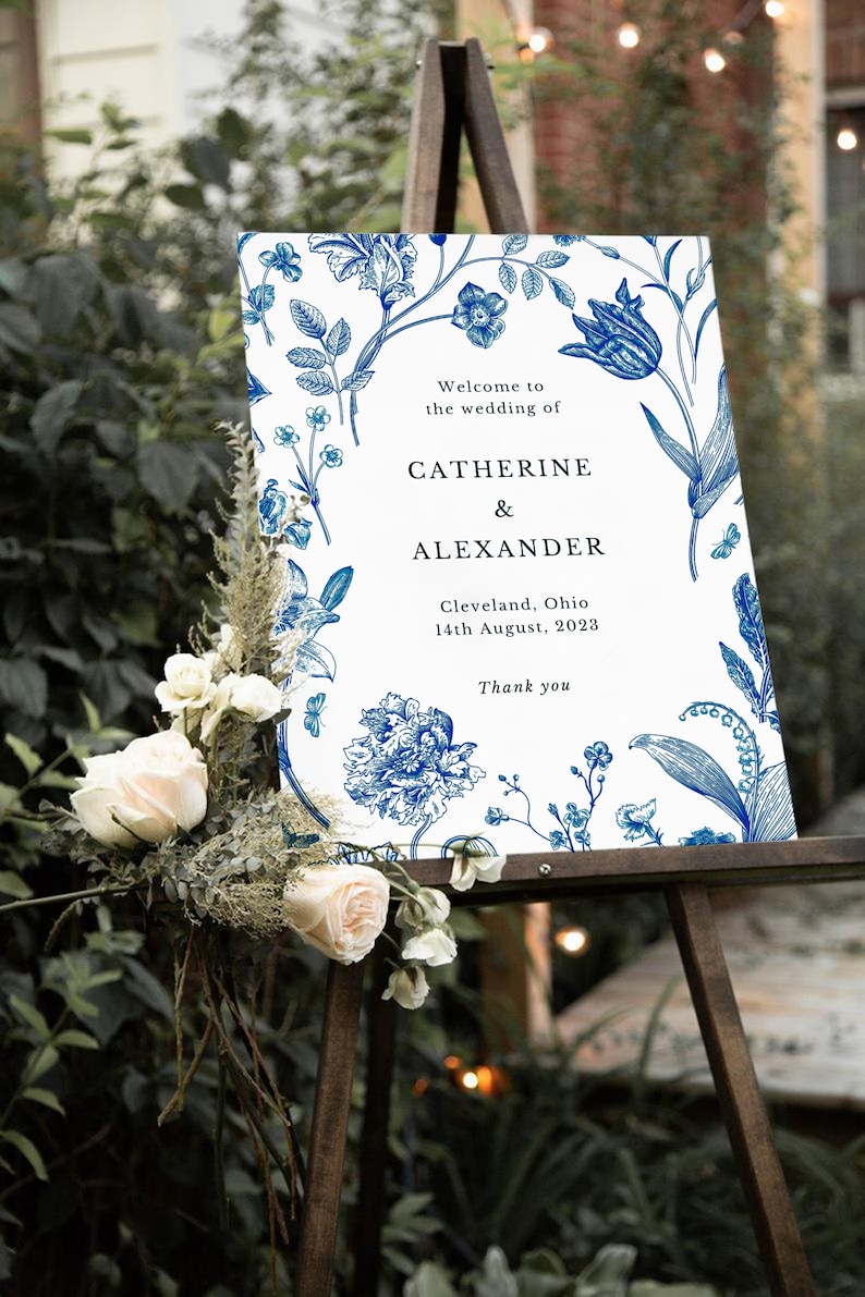 Editable Welcome Sign, Welcome Sign Template, Blue Floral Welcome Sign ...