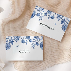 Blue Floral Place Cards Template, Printable Name Cards, Dinner Name ...