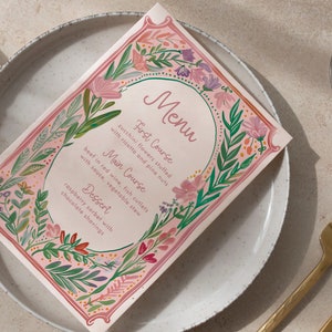 Pink Floral Menu Template, Hand Drawn, Printable Dinner Menu, Editable ...