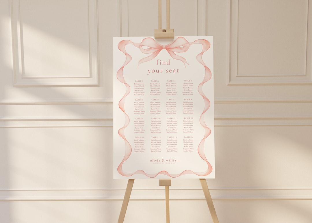 Pink Bow Seating Chart, Printable Wedding Table Plan, Wedding Plan ...