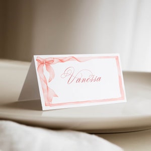 Pink Bow Place Cards, Bow Name Cards, Ribbon Border, Curvy, Whimsical ...