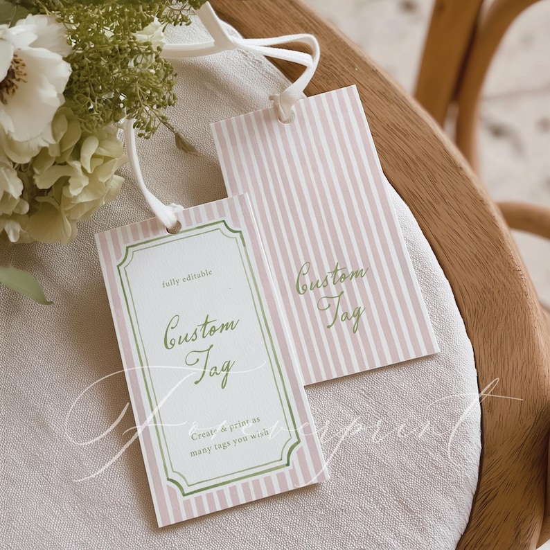 Editable Pink Striped Wedding Favor Tag, Sage Green Frame, Custom ...