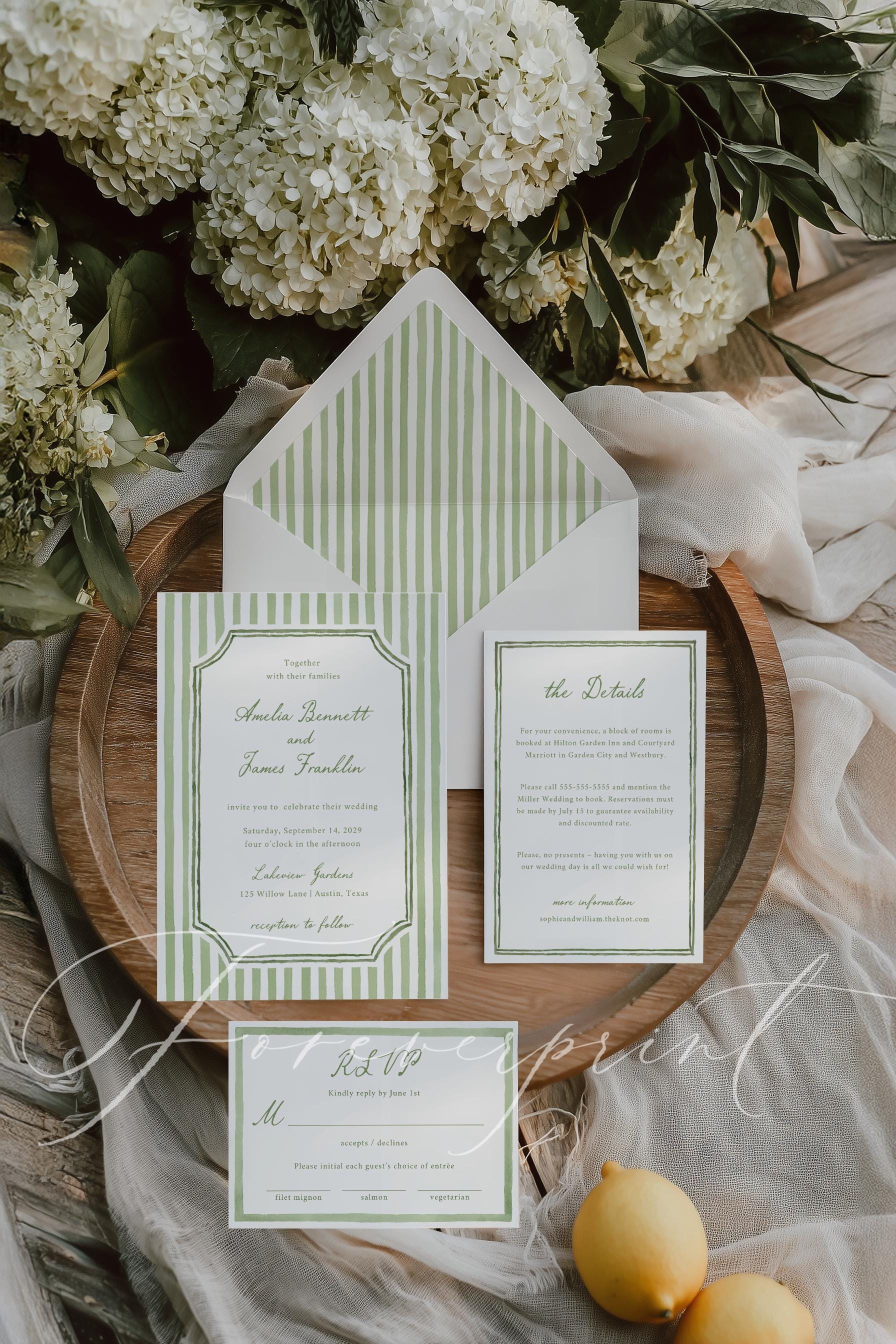 Green Stripe Wedding Invitation Template Suite, Editable RSVP & Details ...