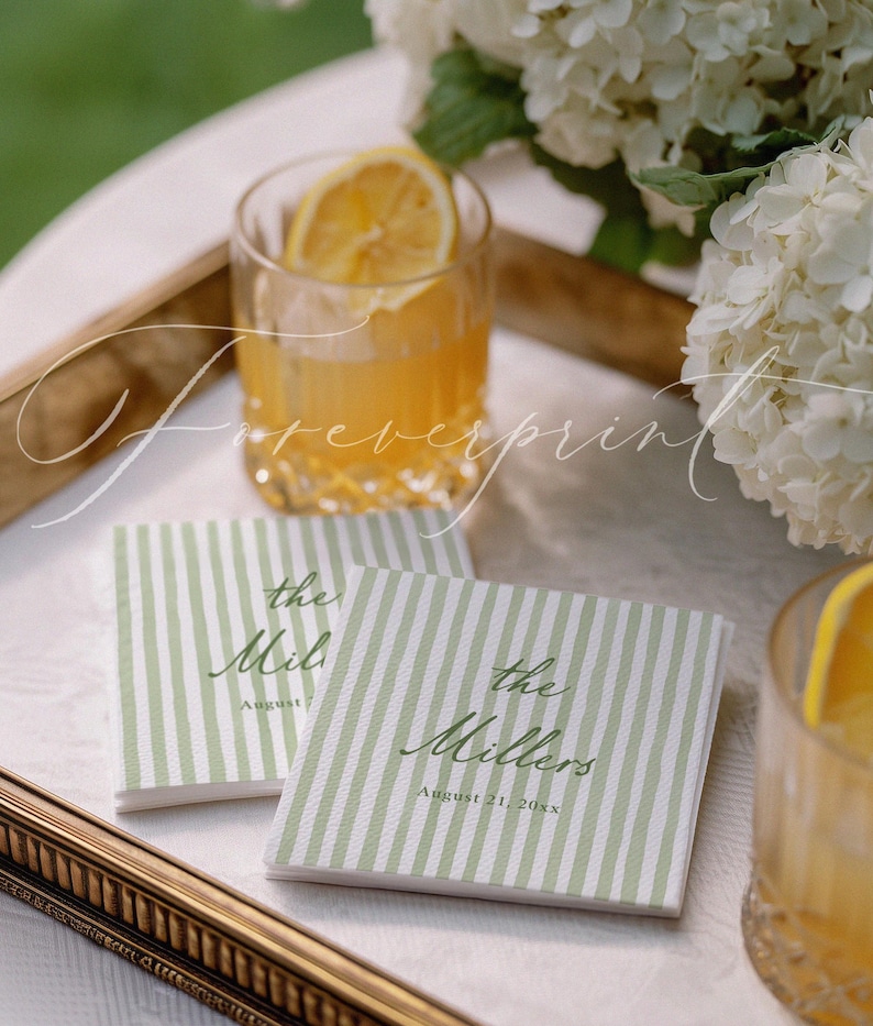 Green Striped Wedding Napkin Template, Editable Monogram, Printable ...