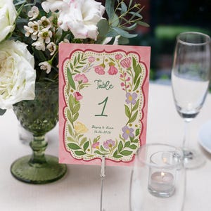 Pink Floral Table Number Template, Hand Drawn, Printable Table Number ...