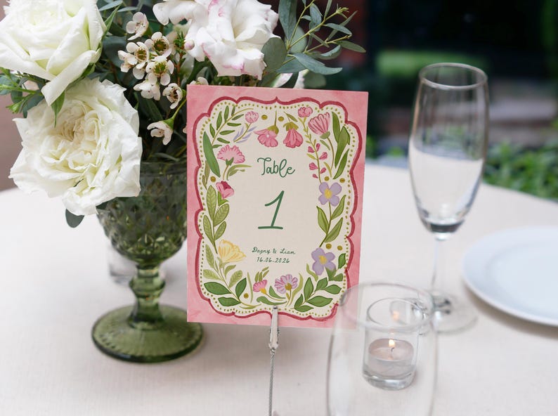 Pink Floral Table Number Template, Hand Drawn, Printable Table Number ...