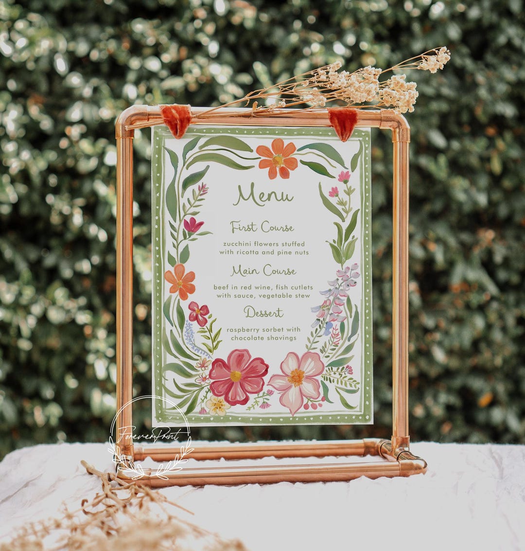 Green Floral Menu Template, Hand Drawn, Printable Dinner Menu, Editable ...