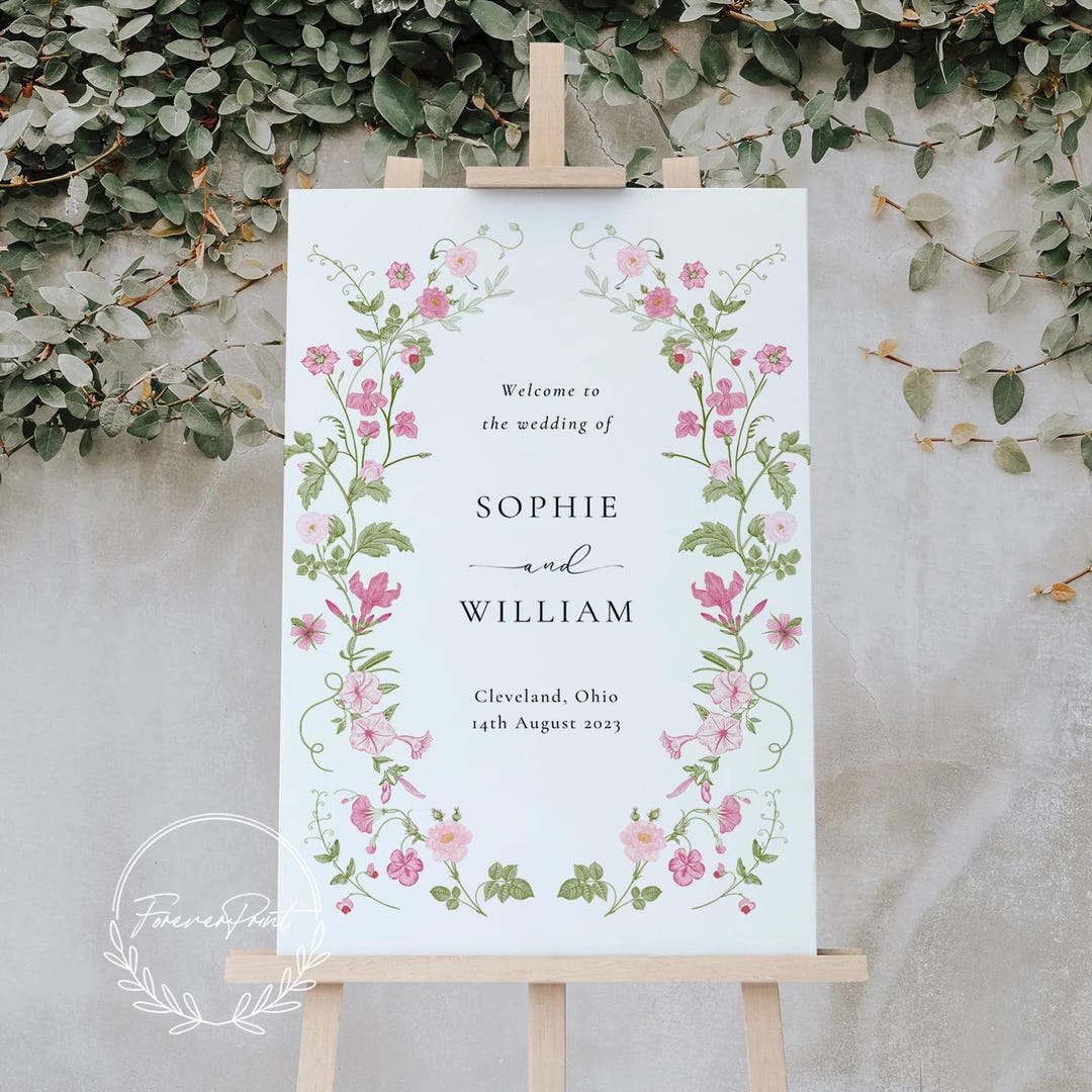 Pink Floral Wedding Welcome Sign, Pink Wildflowers Welcome Template ...