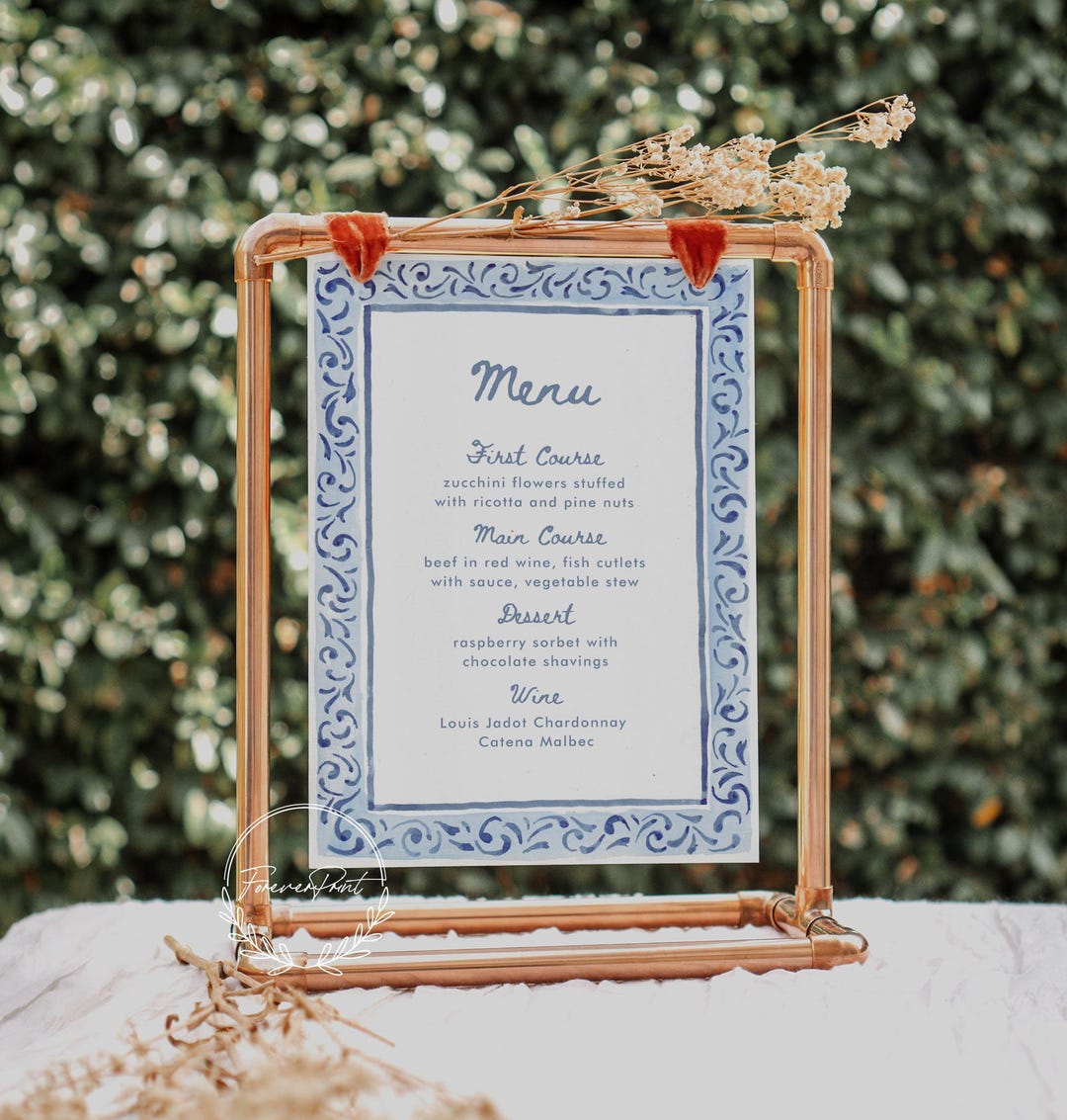 Blue Watercolor Floral Border Menu Template, Hand Drawn, Editable ...