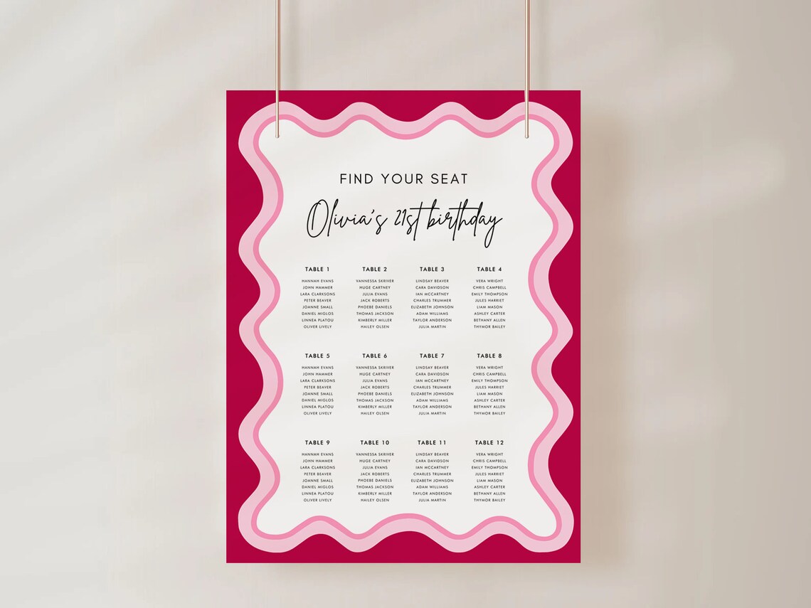Ladies 21st Birthday Seating Chart, Printable Instant Download ...