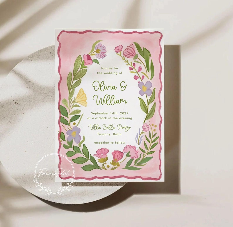 PINK Colorful Floral Wedding Invitation Template, Summer Wedding ...
