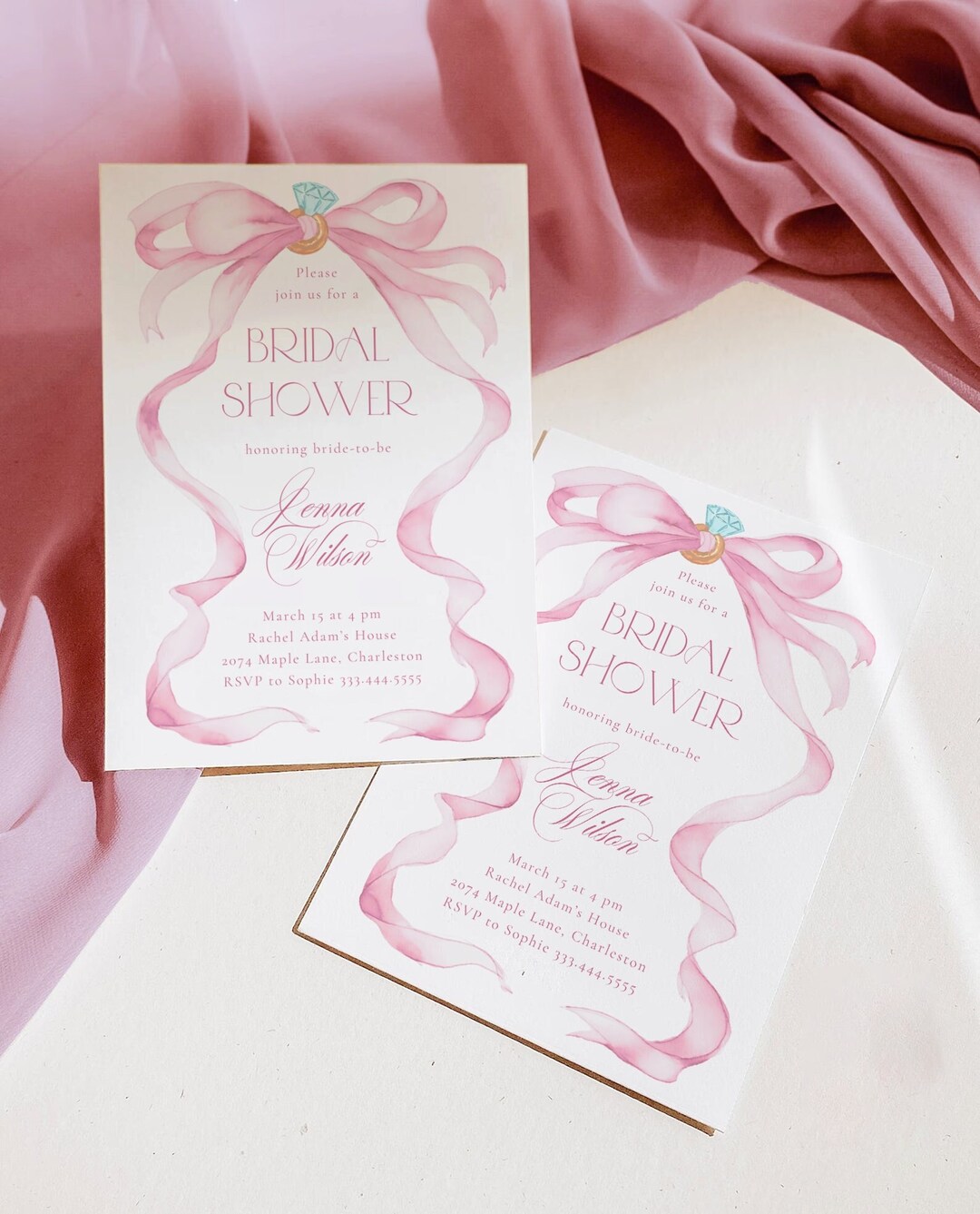 Bridal Shower Bow Invitation, Pink Ribbon Bridal Shower Invite, Bow ...
