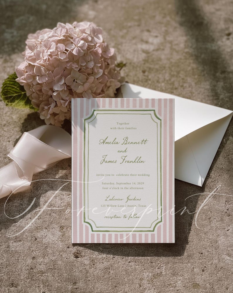 Pink Stripe Wedding Invitation Template Suite, Editable RSVP & Details ...