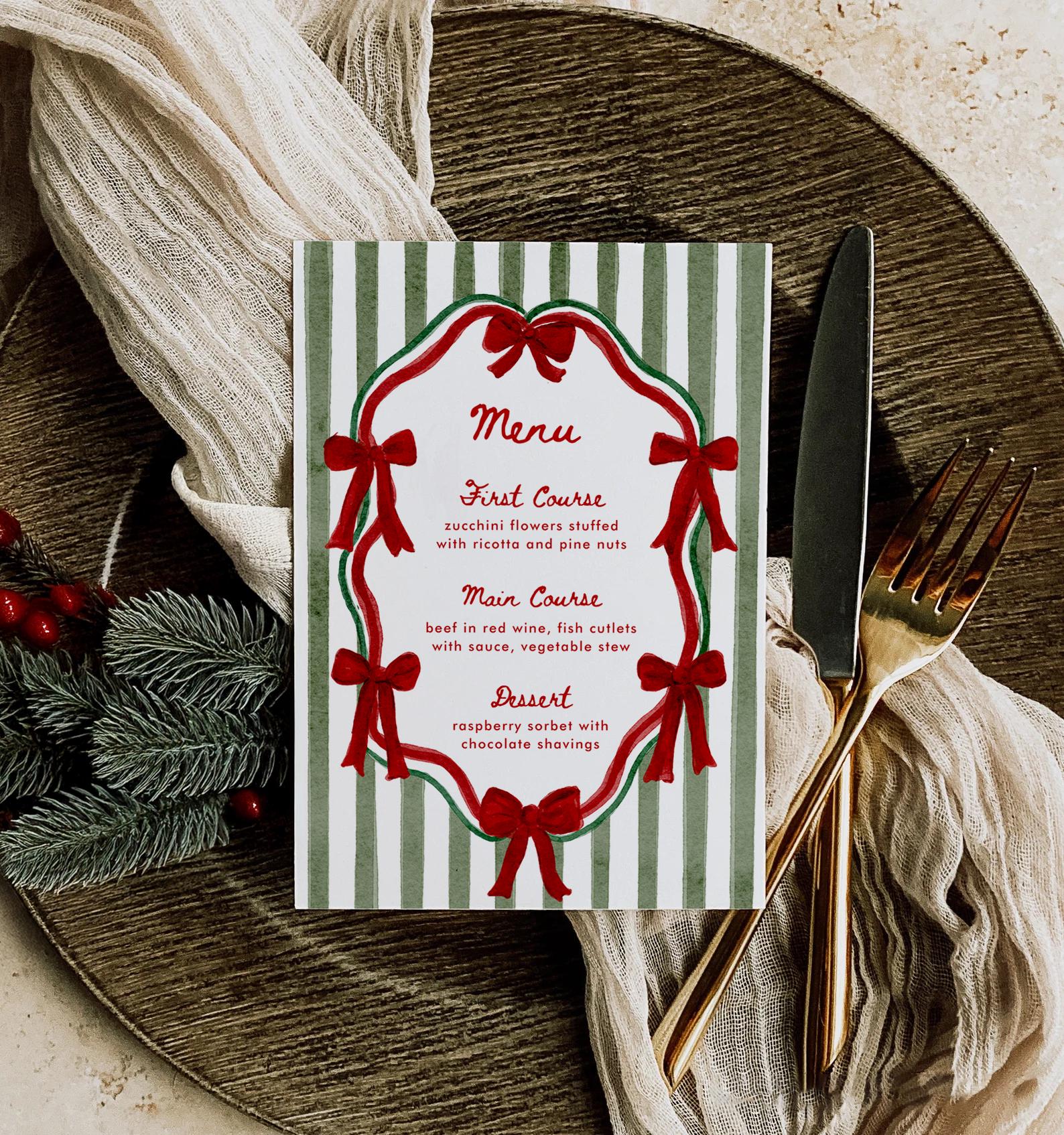 Editable Christmas Dinner Menu Template – Festive Holiday Party Menu With Watercolor Red Bows ...